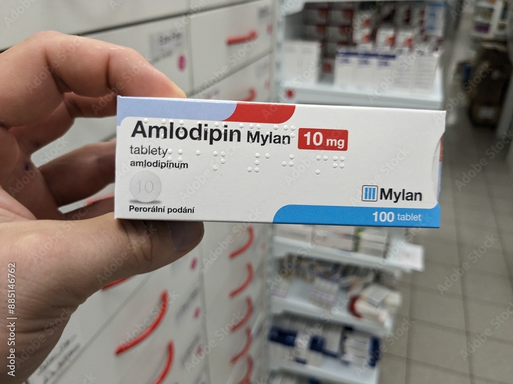 Prague, Czech Republic - July 10 2024: AMLODIPIN MYLAN box of ...