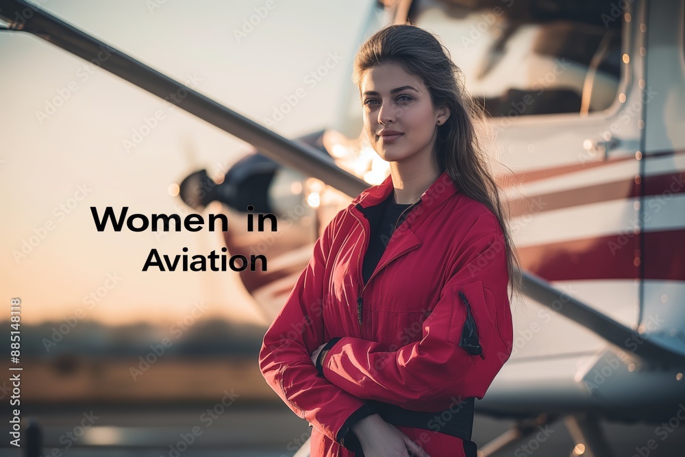 Empowered female aviator in a red jacket stands next to an aircraft ...