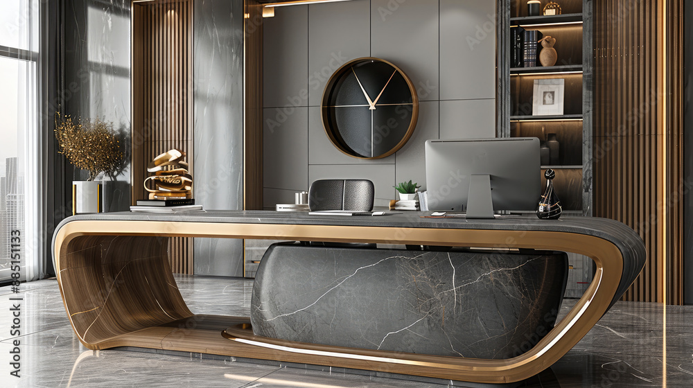 Modern solid wood desk, high-end boss table with gray and gold color ...