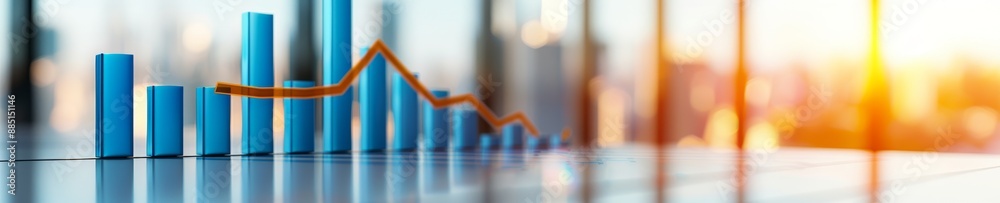 blue bar chart with orange line downward trend financial growth decline ...