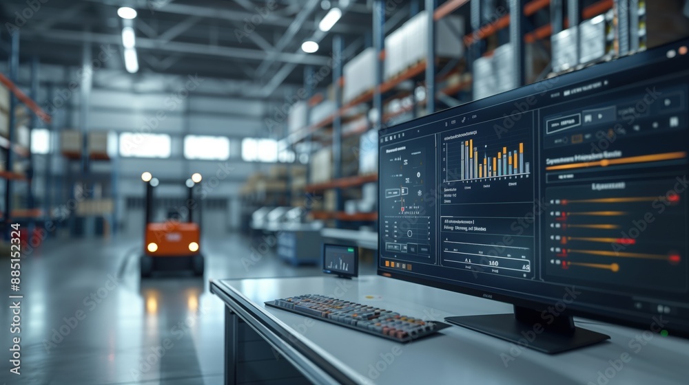 Warehouse with Digital Inventory Dashboard. Modern warehouse equipped ...