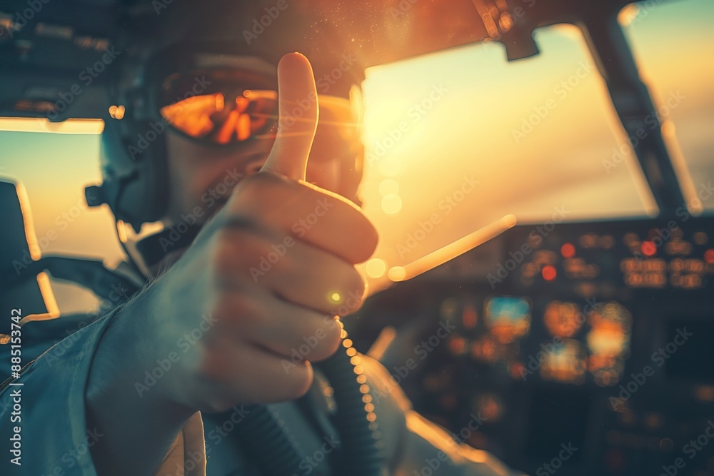 Pilot in sunglasses gives thumbs up in cockpit at sunset, symbolizing ...