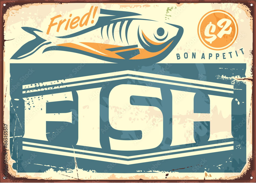 Fried fish vintage bistro sign. Seafood restaurant advertisement with ...