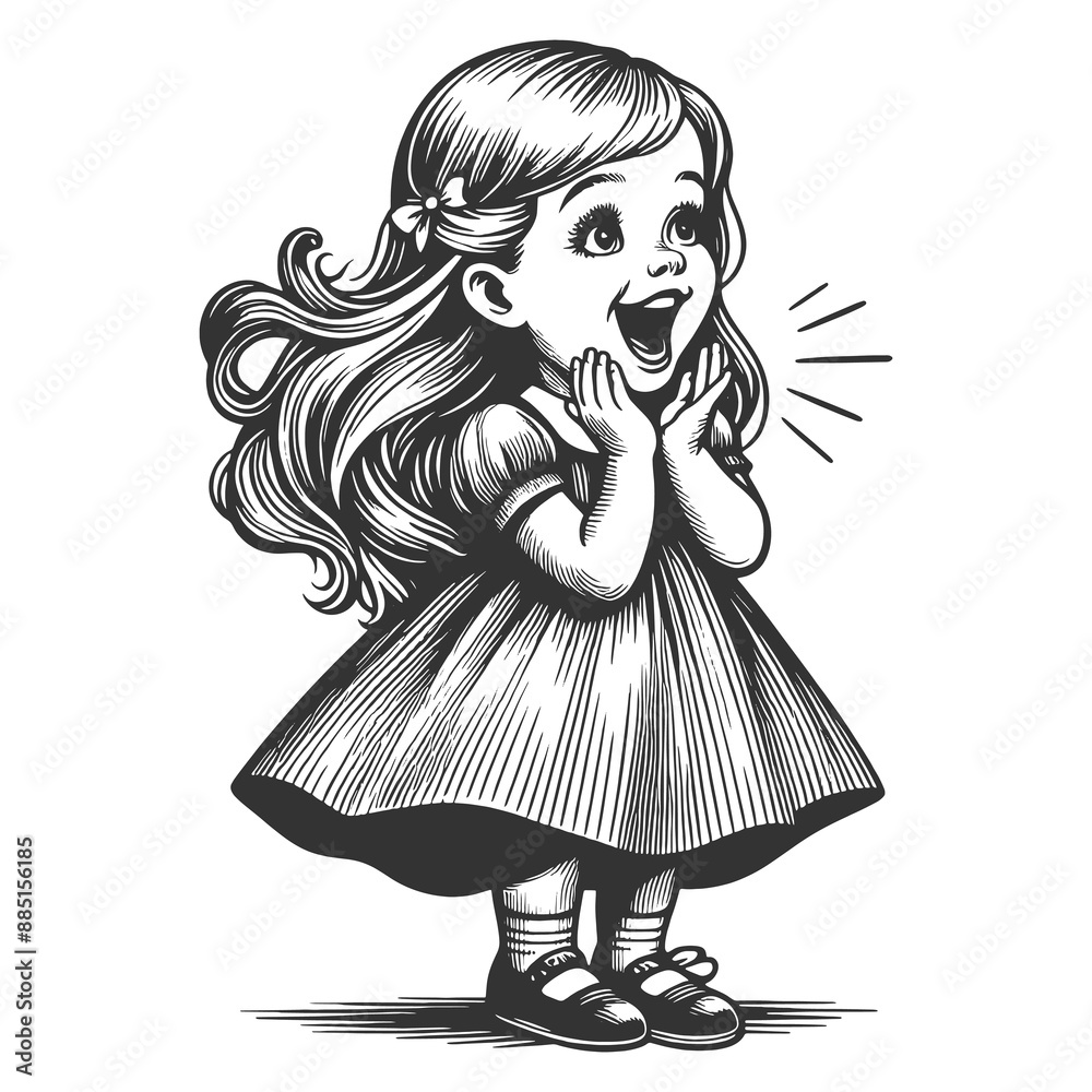 Surprised excited little girl in a dress, joyful and surprised ...