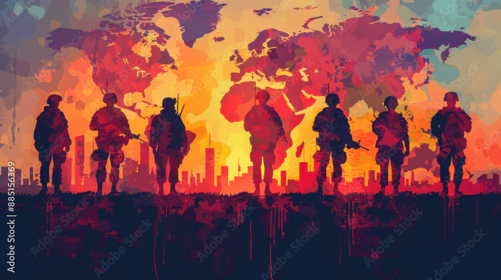 Silhouetted soldiers stand against a vibrant world map mural ...