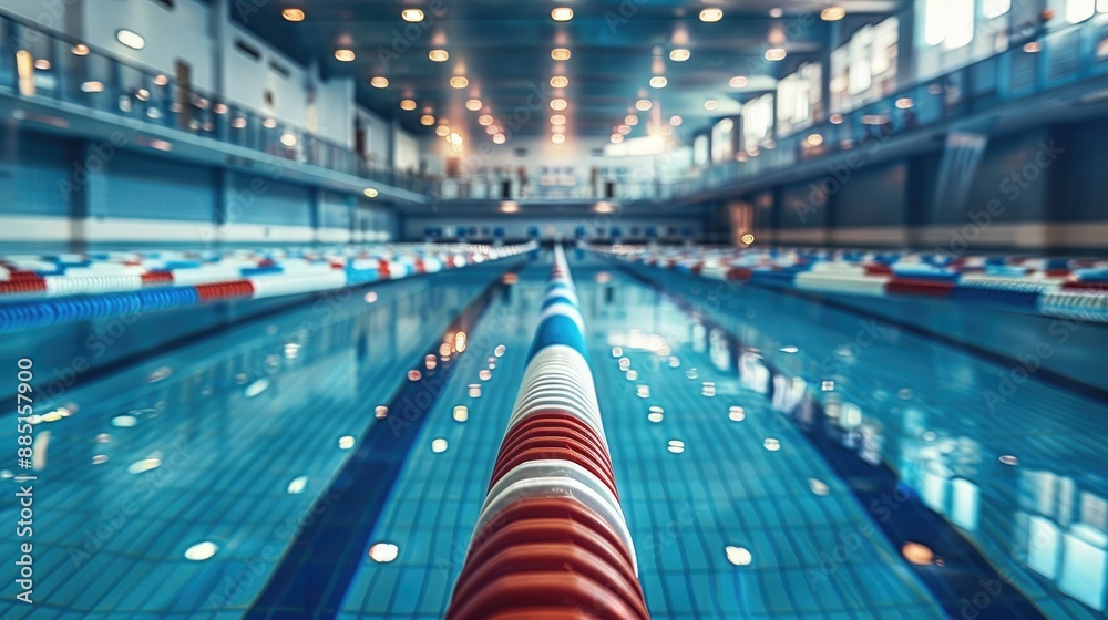 Swimming pool set up for a swim meet in a sports arena with lane ropes ...