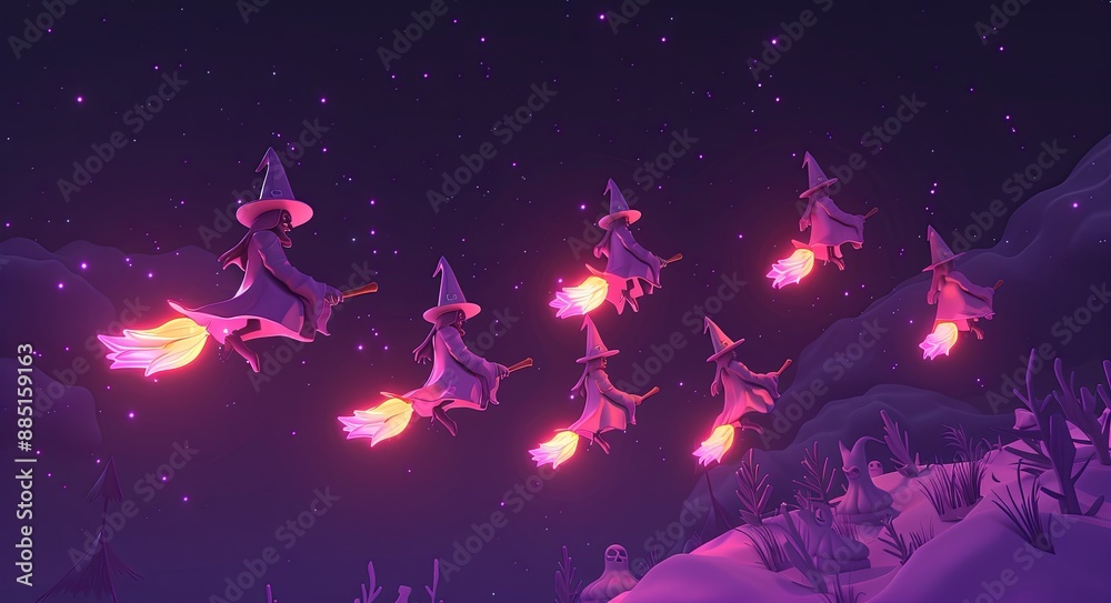 3D cartoon vector illustration of a group of flying witches on ...