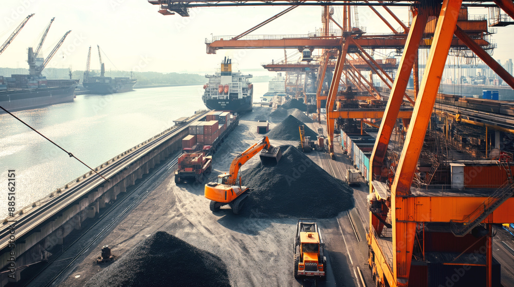Busy industrial port with large cargo ships, cranes, and heavy ...