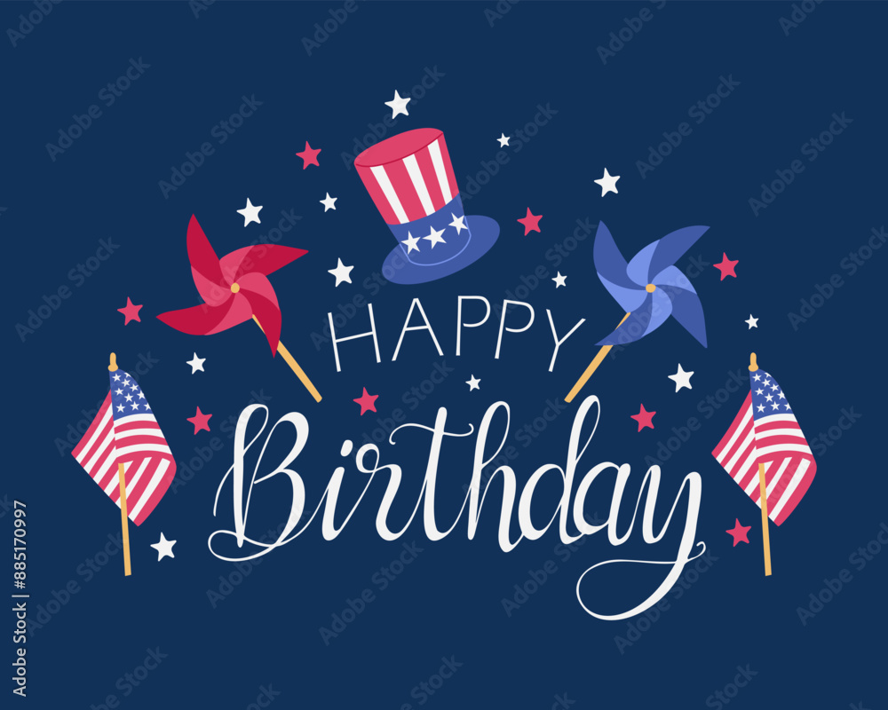 Patriotic American Happy birthday greeting card or banner. Flat vector ...