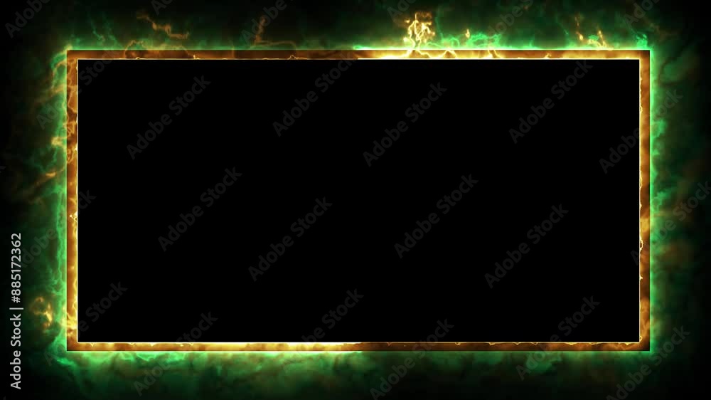 neon border frame, green glowing with golden ray border, rectangle ...
