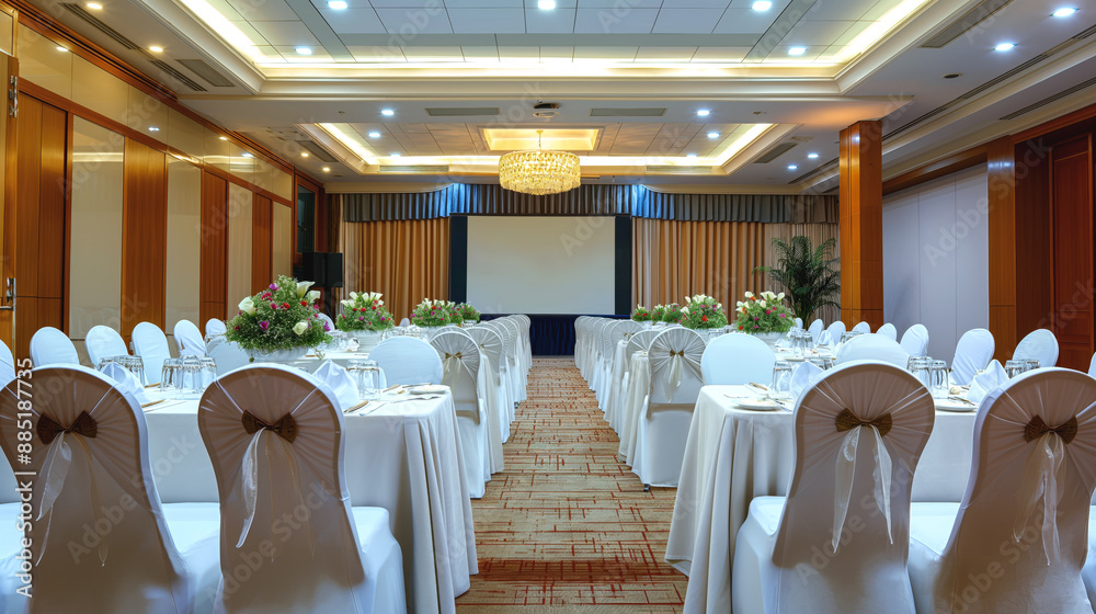 Elegant banquet hall prepared for an event with rows of tables and ...