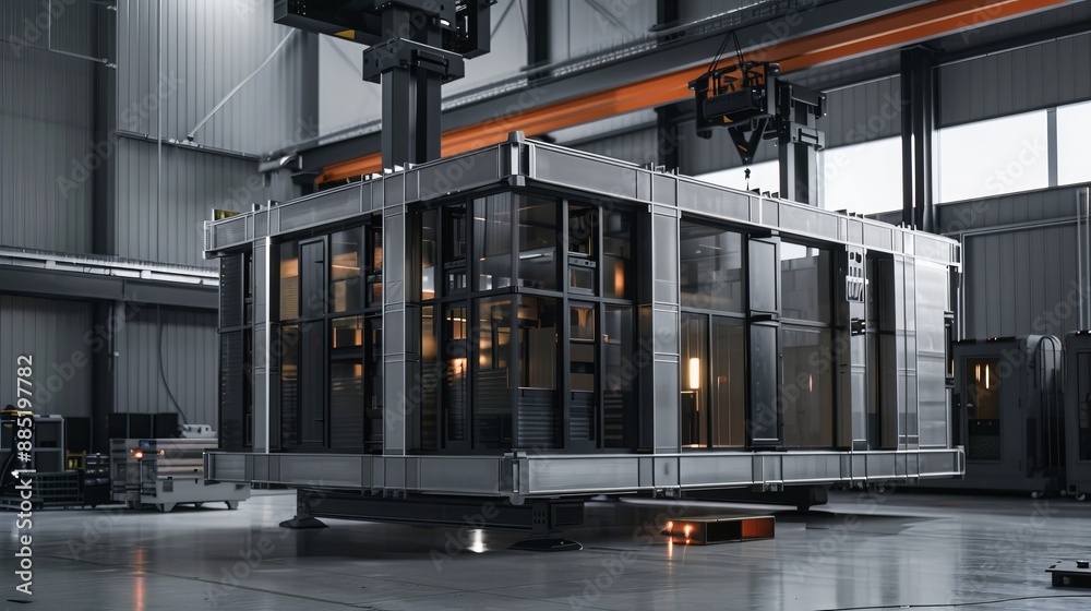 Document the assembly of a modular building by robots, showcasing the speed and accuracy of ...