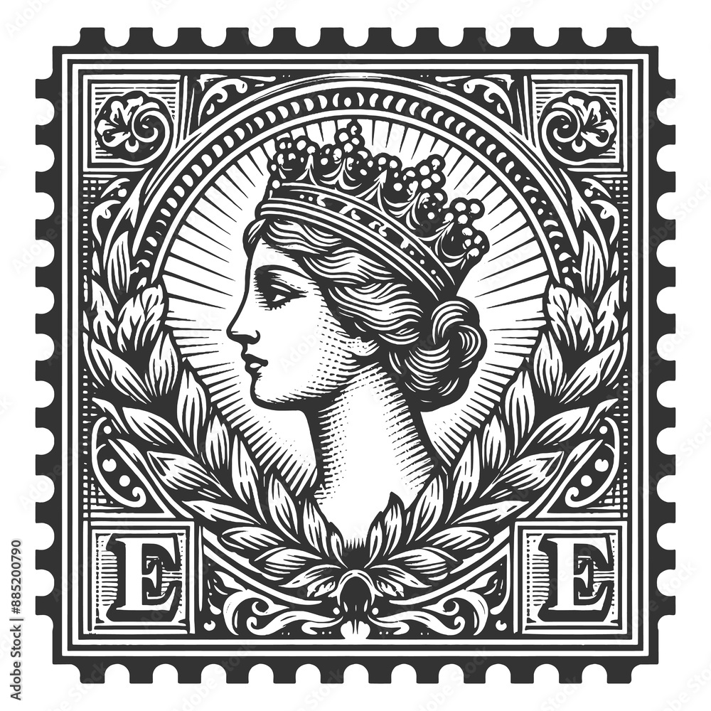 postage stamp featuring a profile portrait of a queen, adorned with a ...