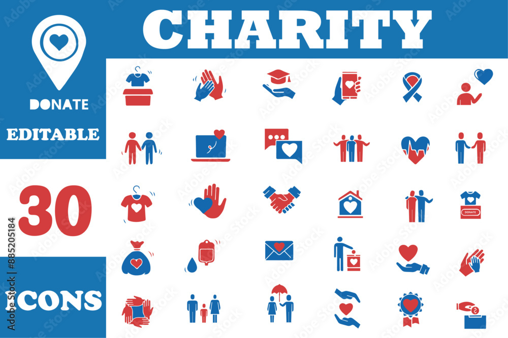 Charity and donation editable flat icons set. Flat icon collection. Charity related symbols ...