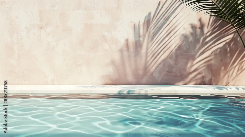Tropical summer background with plaster wall, pool water and palm ...