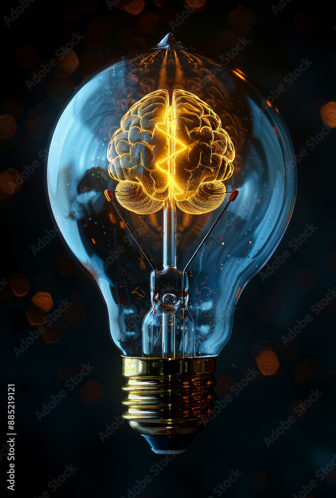 Glowing Brain Inside Lightbulb. A glowing brain sits inside a lightbulb, representing the ...