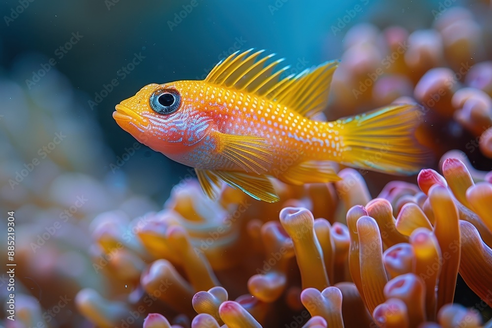 Baby Fish: A bright, colorful baby fish, swimming among coral reefs in ...