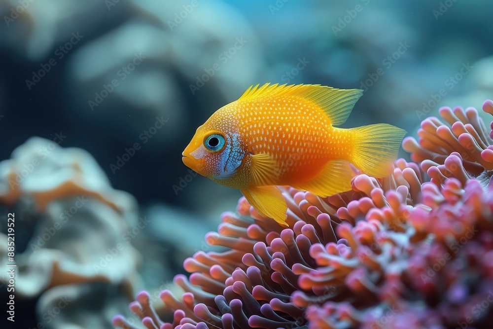 Baby Fish: A bright, colorful baby fish, swimming among coral reefs in ...