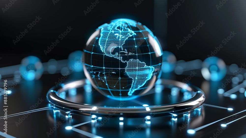Dynamic illustration of a digital globe surrounded by data nodes ...