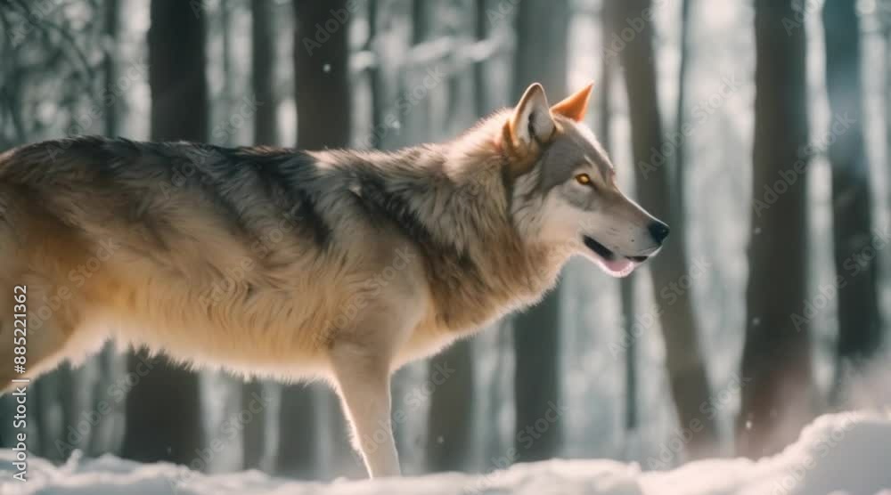 Wolf moving gracefully in slow motion through a magical forest with ...