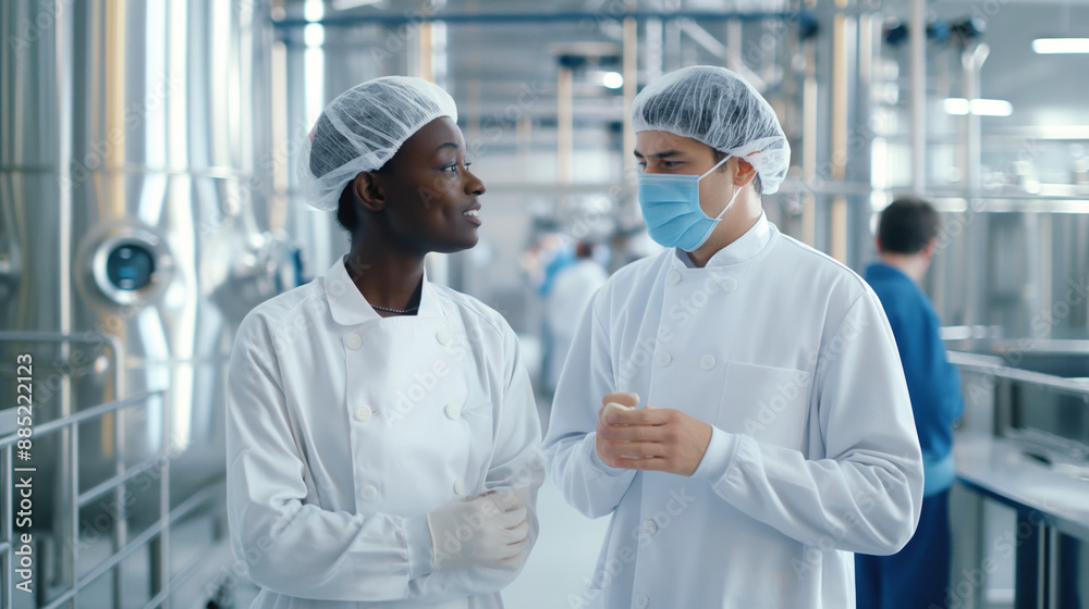 Food industry professionals in discussion, wearing white uniforms and ...