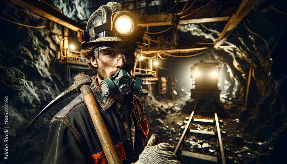 Young Miner in Full Protective Gear and Respirator Holding Pickaxe in ...