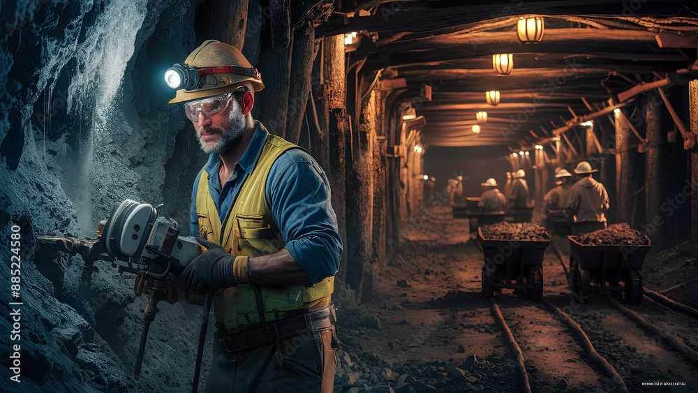 Miner Working Underground with Pickaxe and Protective Gear wearing a ...