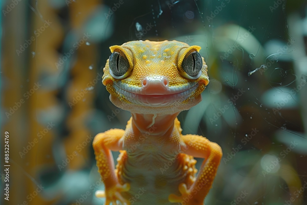 Baby Gecko: A small baby gecko, clinging to a glass terrarium wall ...