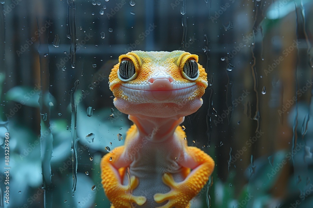 Baby Gecko: A small baby gecko, clinging to a glass terrarium wall ...