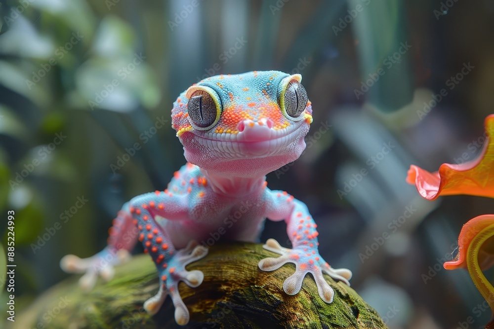Baby Gecko: A small baby gecko, clinging to a glass terrarium wall ...