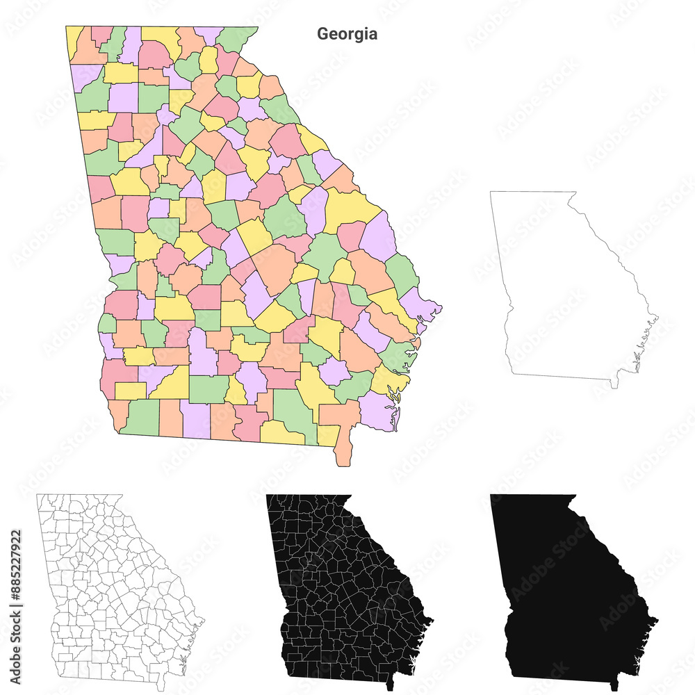 Georgia administrative map, Georgia outline and counties state map set ...