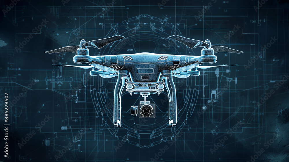 blueprint of drone with camera, blueprint lines on dark background ...
