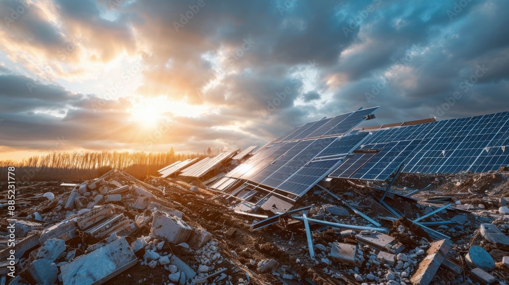 A landfill site with piles of expired solar panels, highlighting the ...