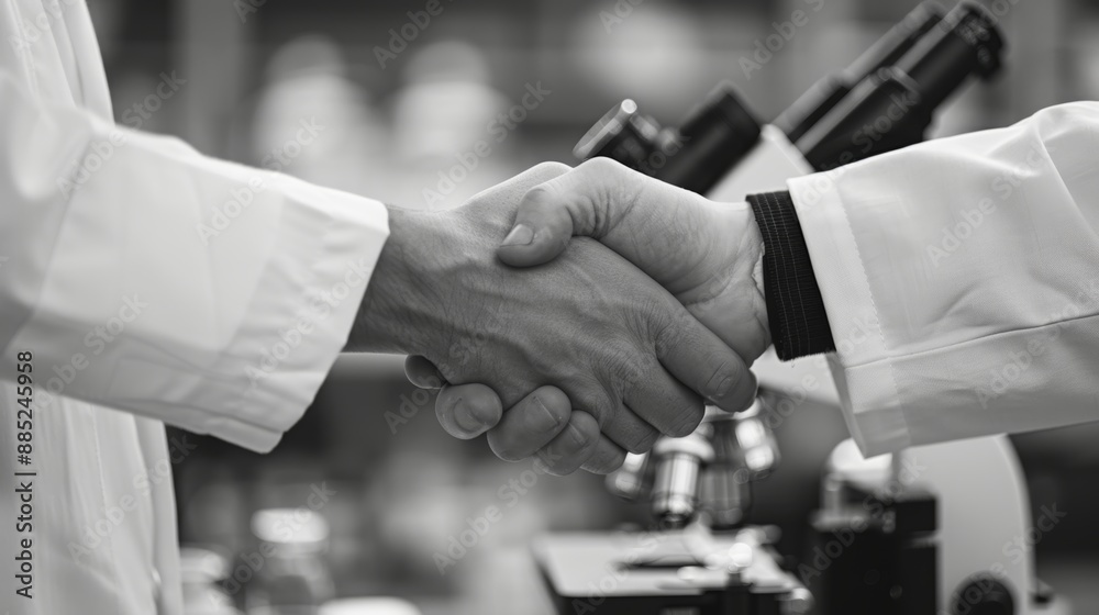 Two healthcare professionals are exchanging a handshake in a laboratory ...