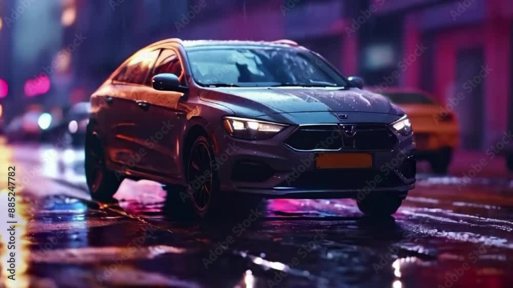 night city street with car in the rainy season 4k animation video Stock ...