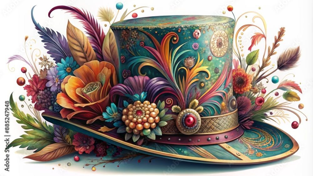 Intricate illustration of whimsical top hat adorned with floral ...