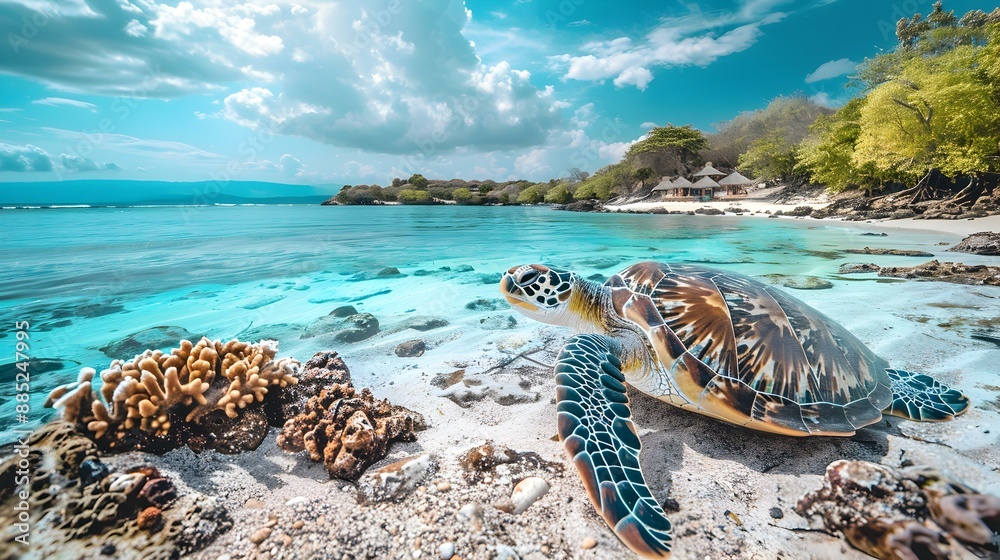 Beach with sea turtles and coral reefs located picture Stock Photo ...