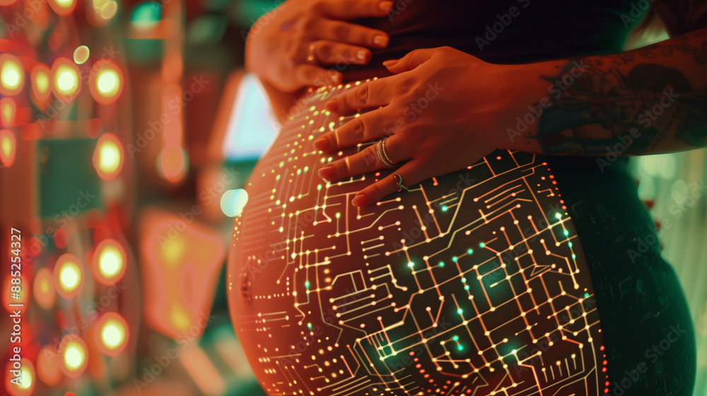 Pregnant woman cradling heavily pregnant belly. AI in pregnancy ...