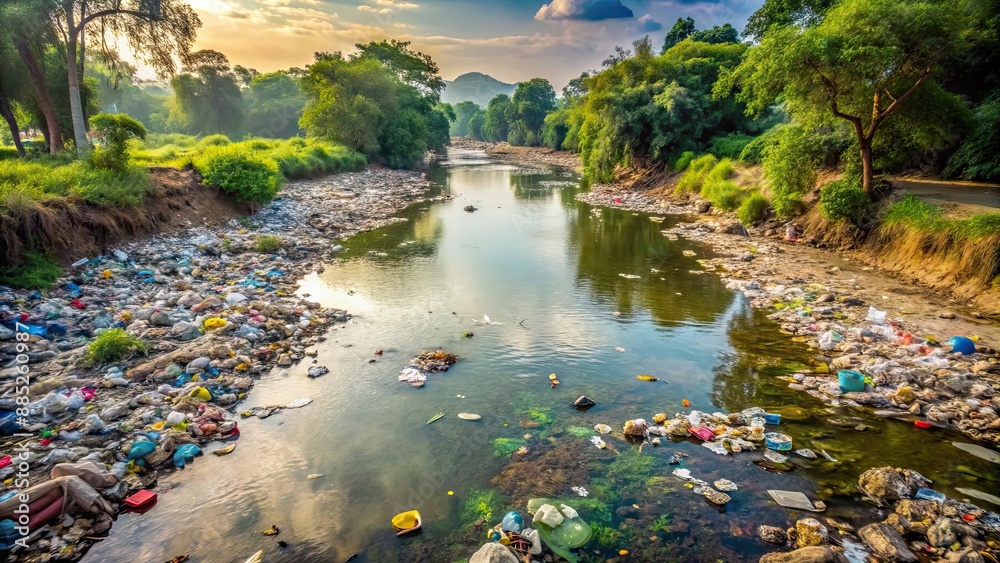 Pollution draining into river from wasteage, pollution, waste ...