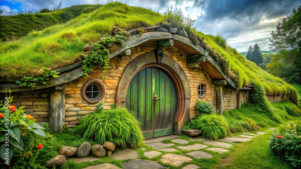 Mystical hobbit house with grass-covered roof, stone walls, and solid ...