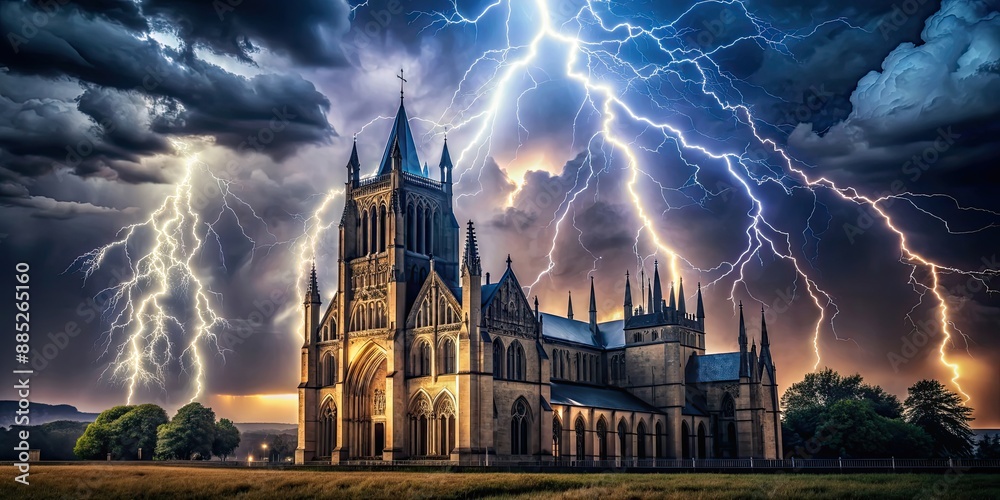 Gothic cathedral on a stormy night, illuminated by lightning ...