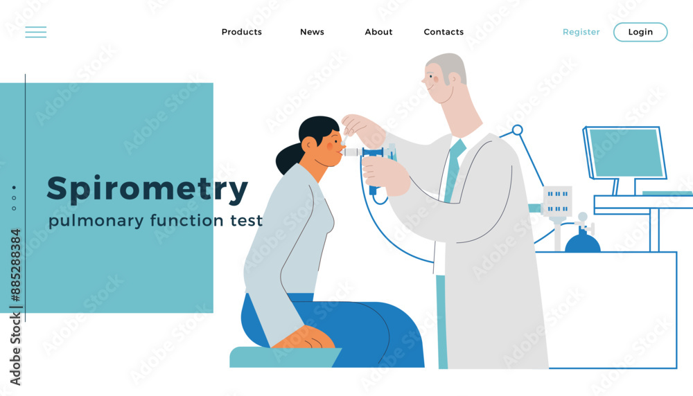 Medical Specialist Performing Spirometry on Patient in Medical Office or Laboratory. Modern Flat ...