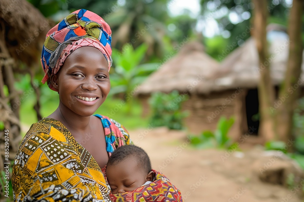Smiling African mother lovingly holding her baby against the backdrop ...