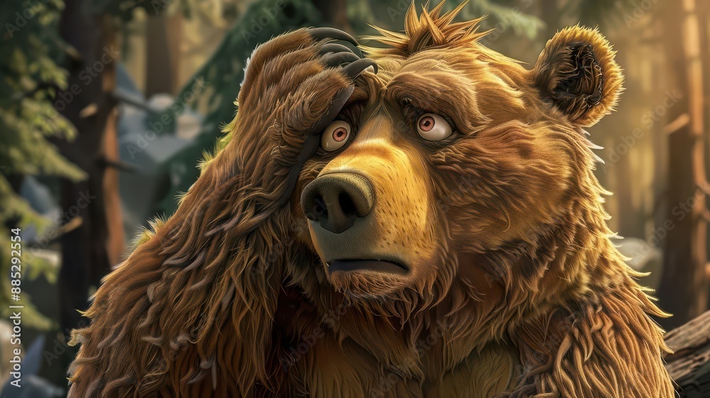 a cartoonish grizzly bear sits dejectedly with its paw on its forehead ...