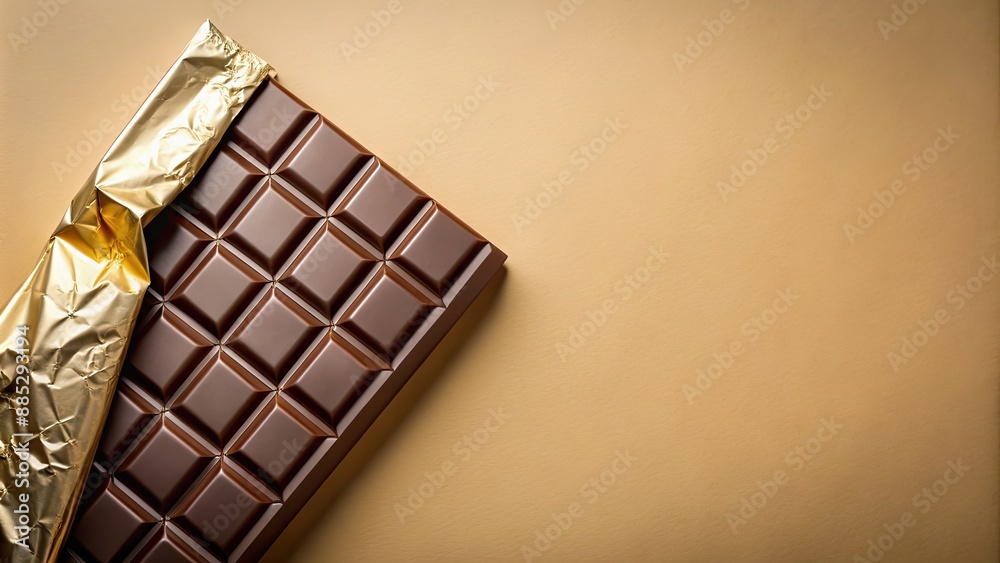 Dark chocolate bar in golden wrapper on beige background, dark ...