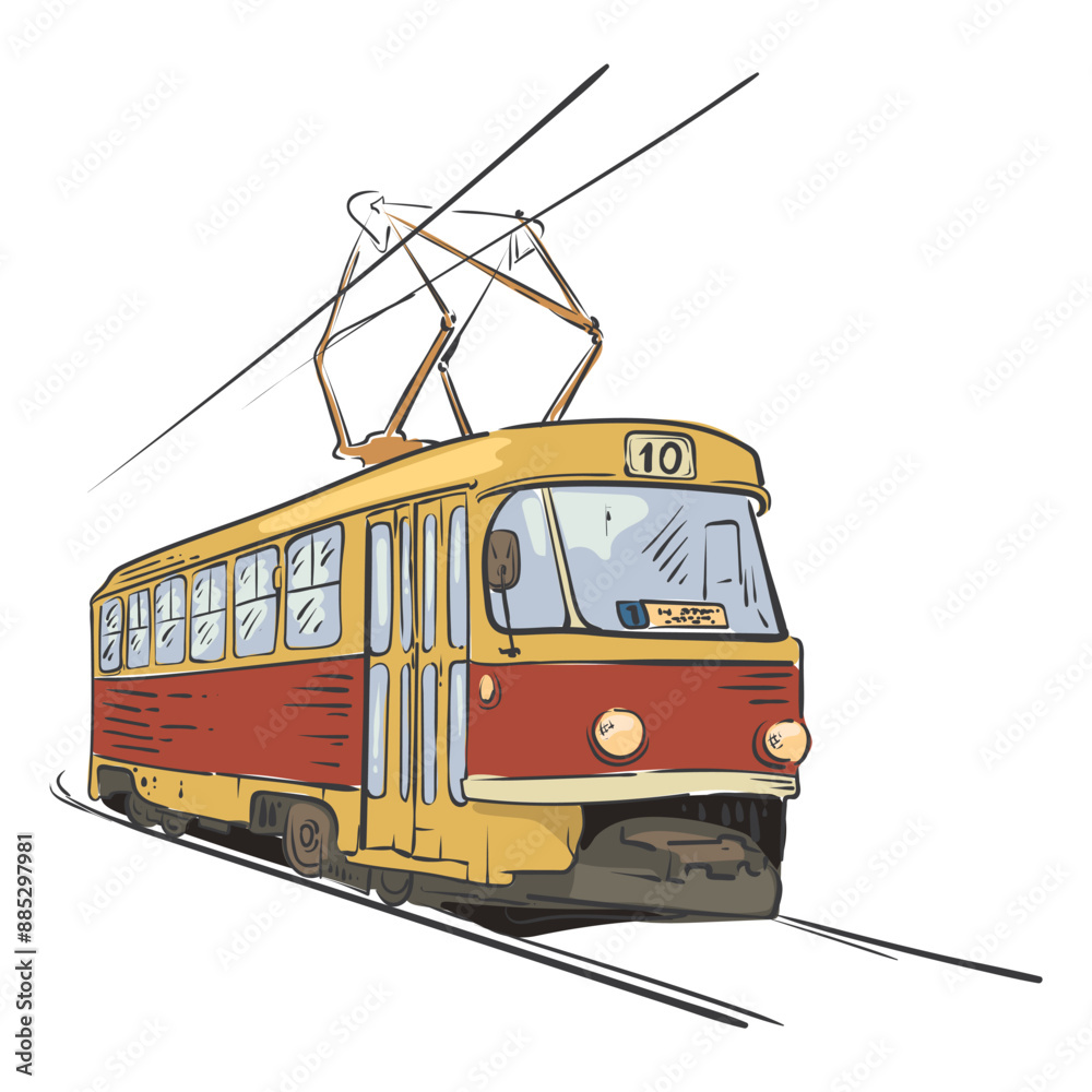 A yellow electric tram on a city street rides on rails. The old town ...