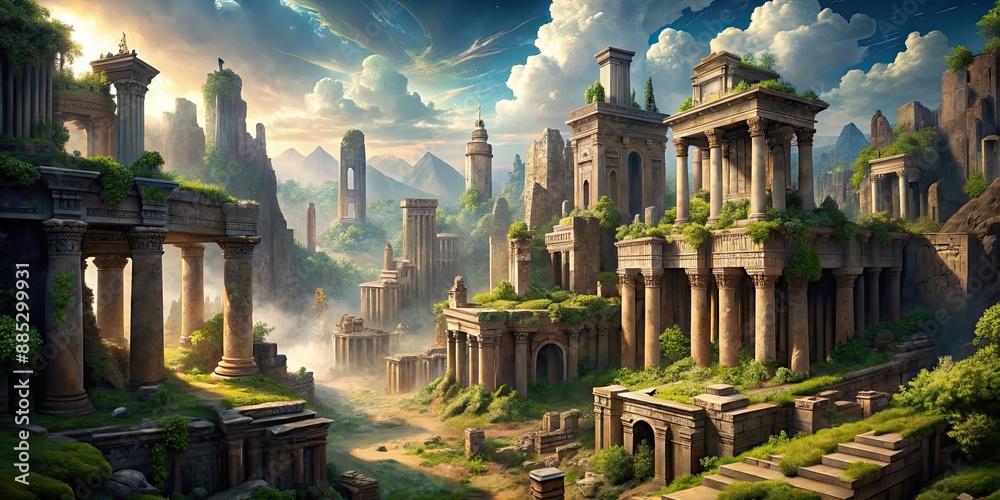Fantastical realm with ancient ruins reflecting forgotten grandeur ...
