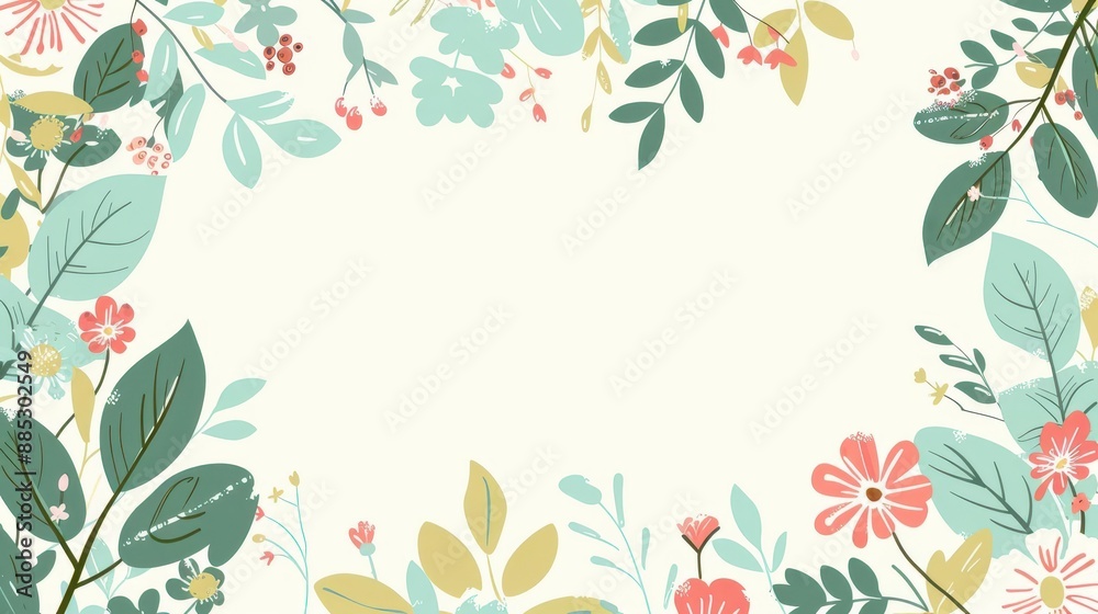 charming spring flower frame with cute cartoonish blossoms and leaves ...