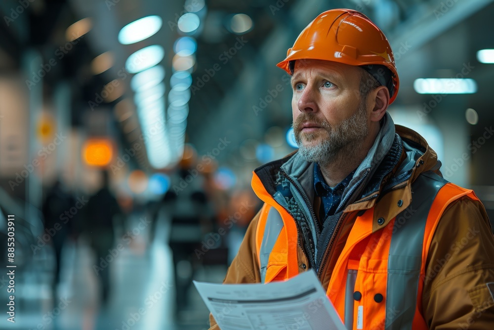 Male safety inspector in orange high-visibility jacket and helmet ...