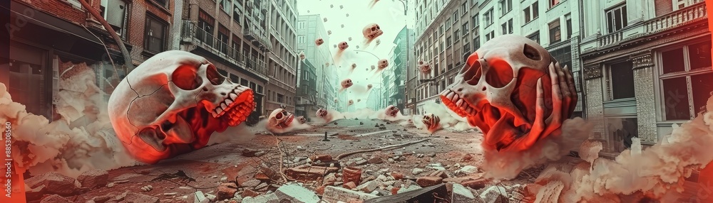 Craft a side view of a post-apocalyptic cityscape filled with ...